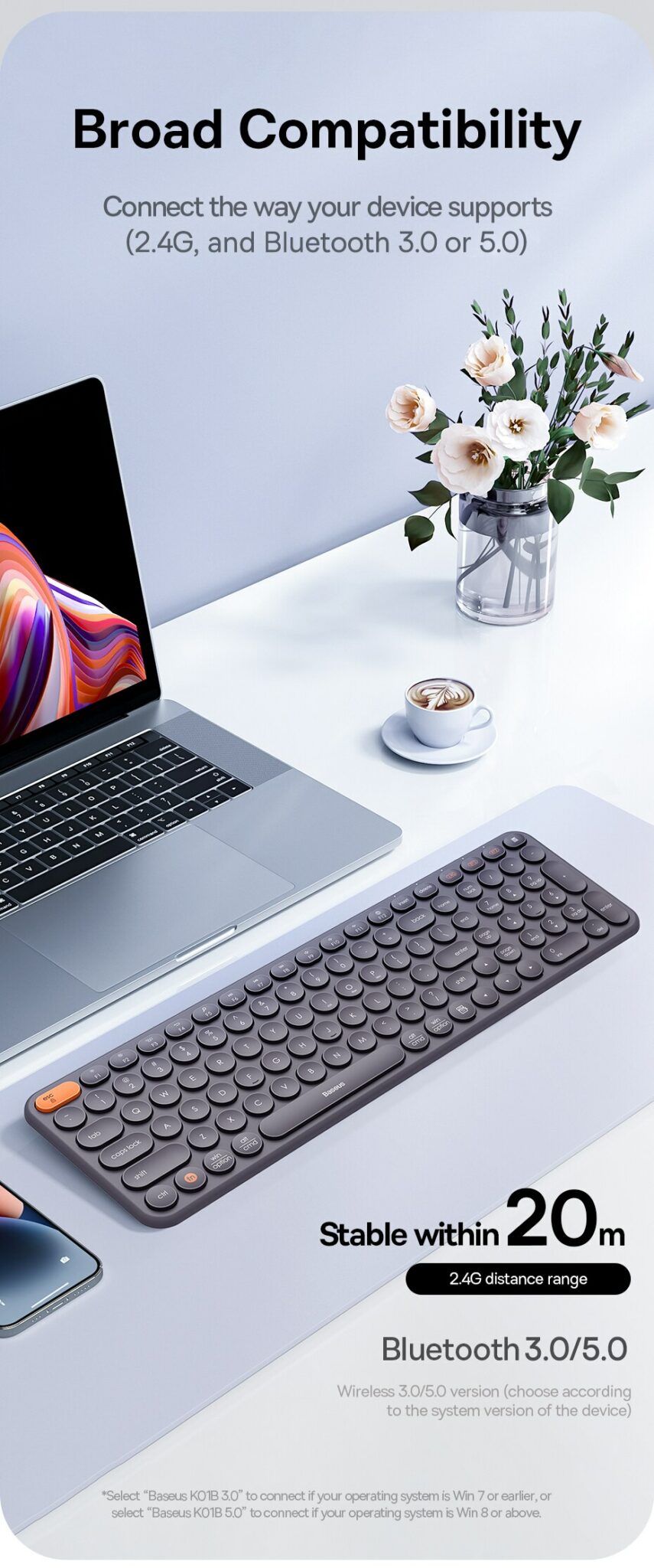 Baseus K01B Wireless Tri-Mode Keyboard Frosted Gray - OfficeWorks